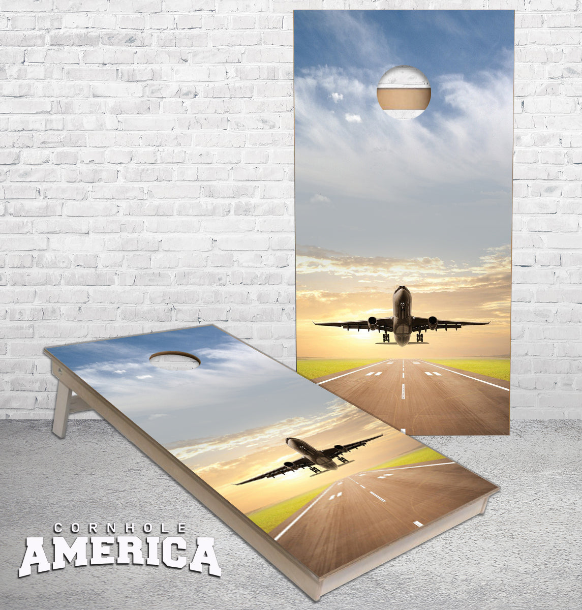 Jet Airliner taking off from Runway cornhole boards — Cornhole America