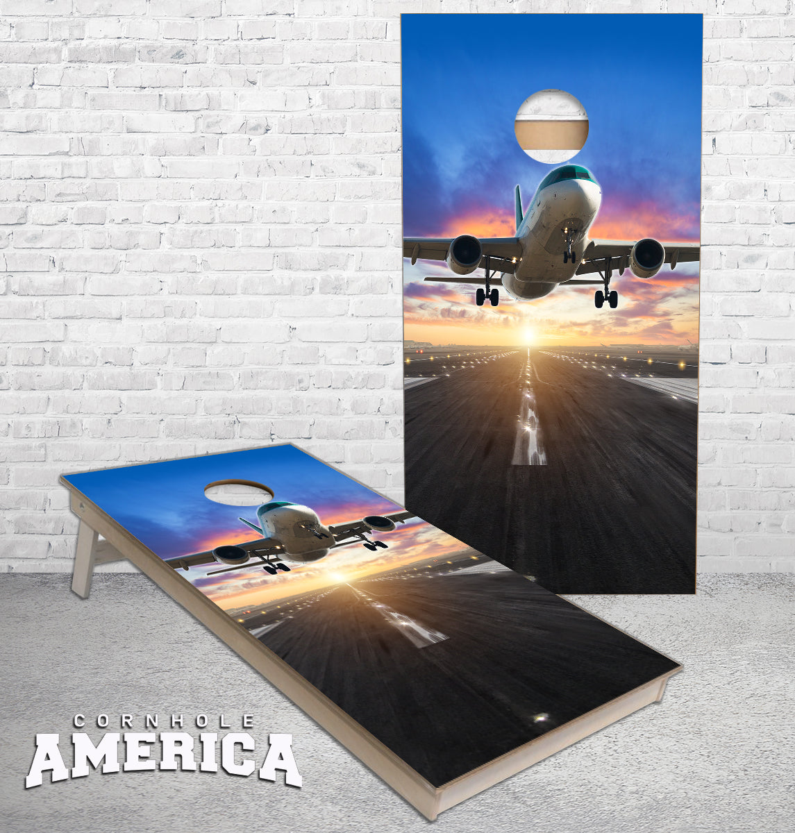 Jet taking off from the runway with beautiful sky in the back cornhole ...