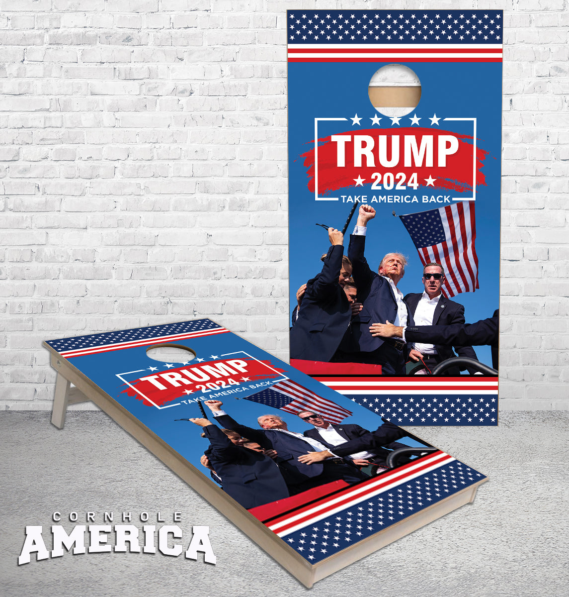 Trump Shooting iconic photo cornhole boards — Cornhole America