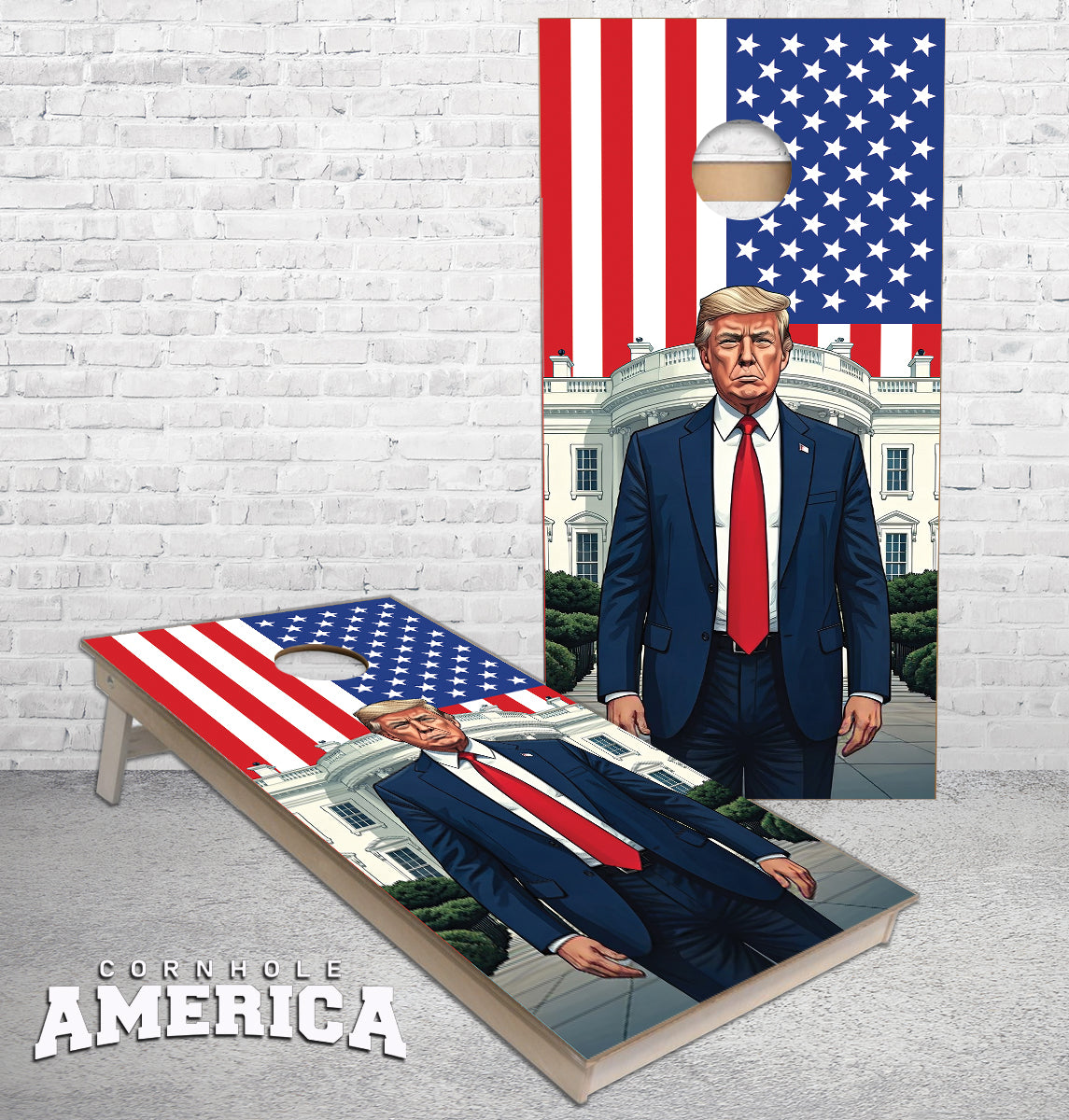 Donald J Trump Standing in front of the Whitehouse US Flag cornhole bo ...