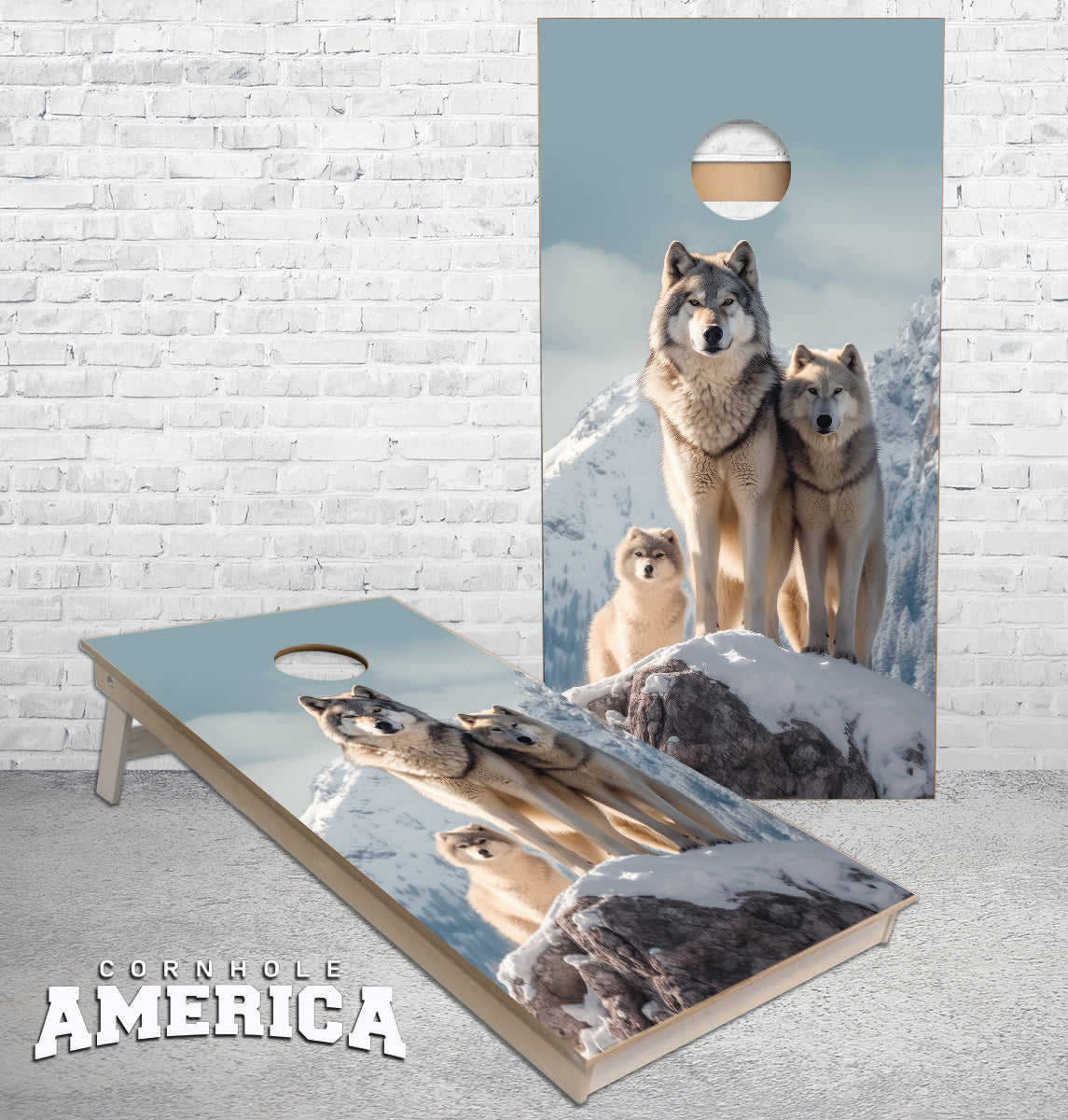 Wolf Pack standing on snowy mountain cornhole boards — Cornhole America