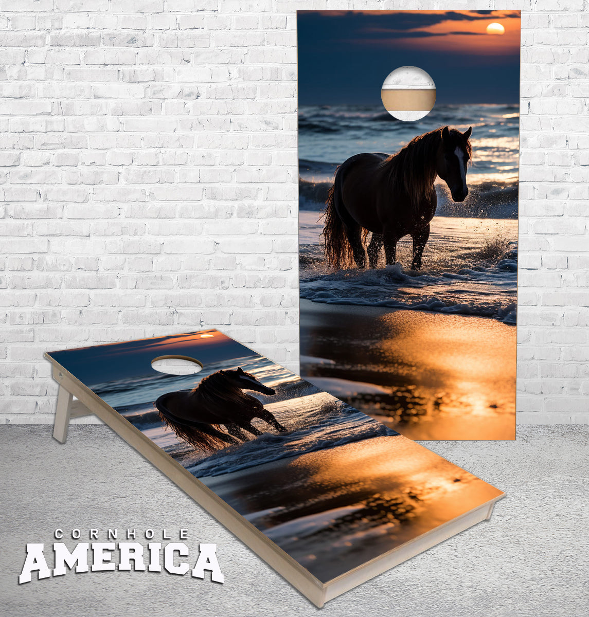 Horse on Sunset Beach cornhole boards — Cornhole America