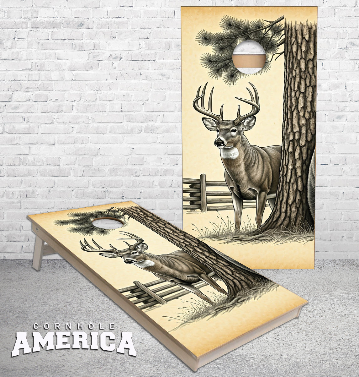 White Tail Buck Deer under tree Pen ink cornhole boards — Cornhole America