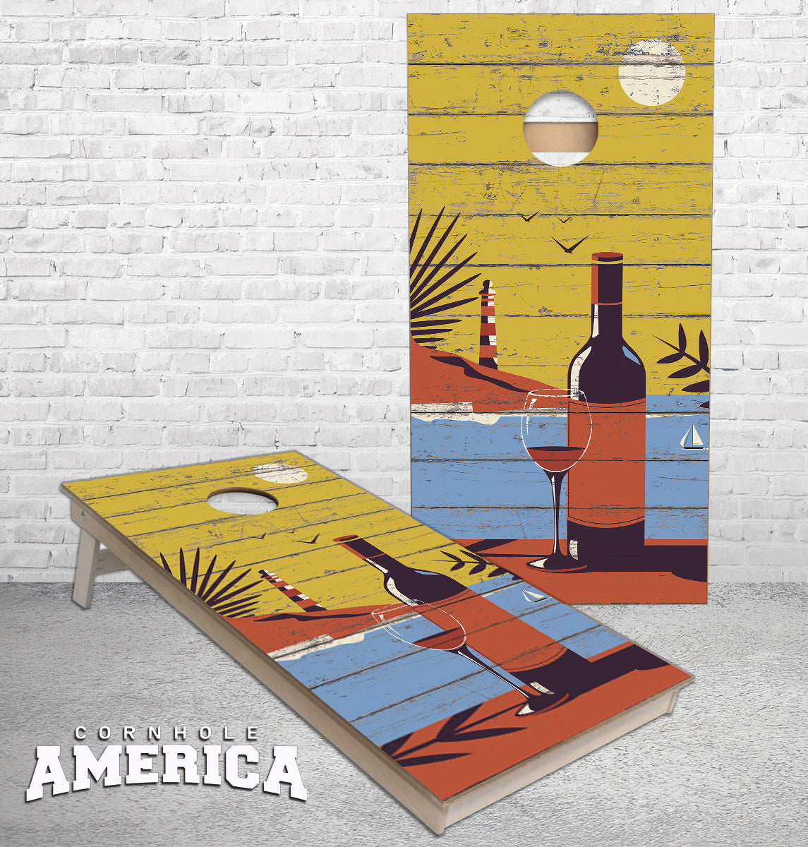 Wine Overlooking Ocean View Weathered wood cornhole boards — Cornhole ...