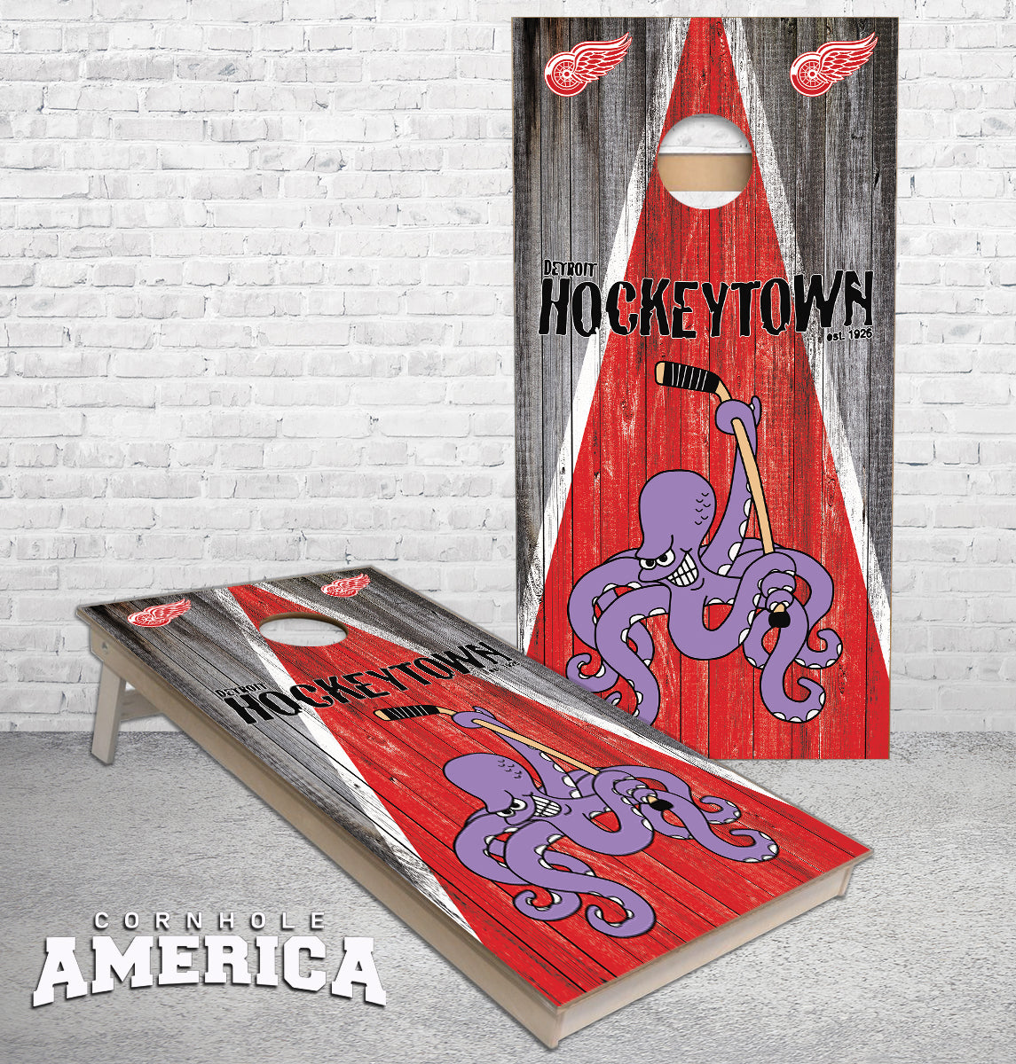 Detroit Hockey Town triangle theme cornhole boards — Cornhole America