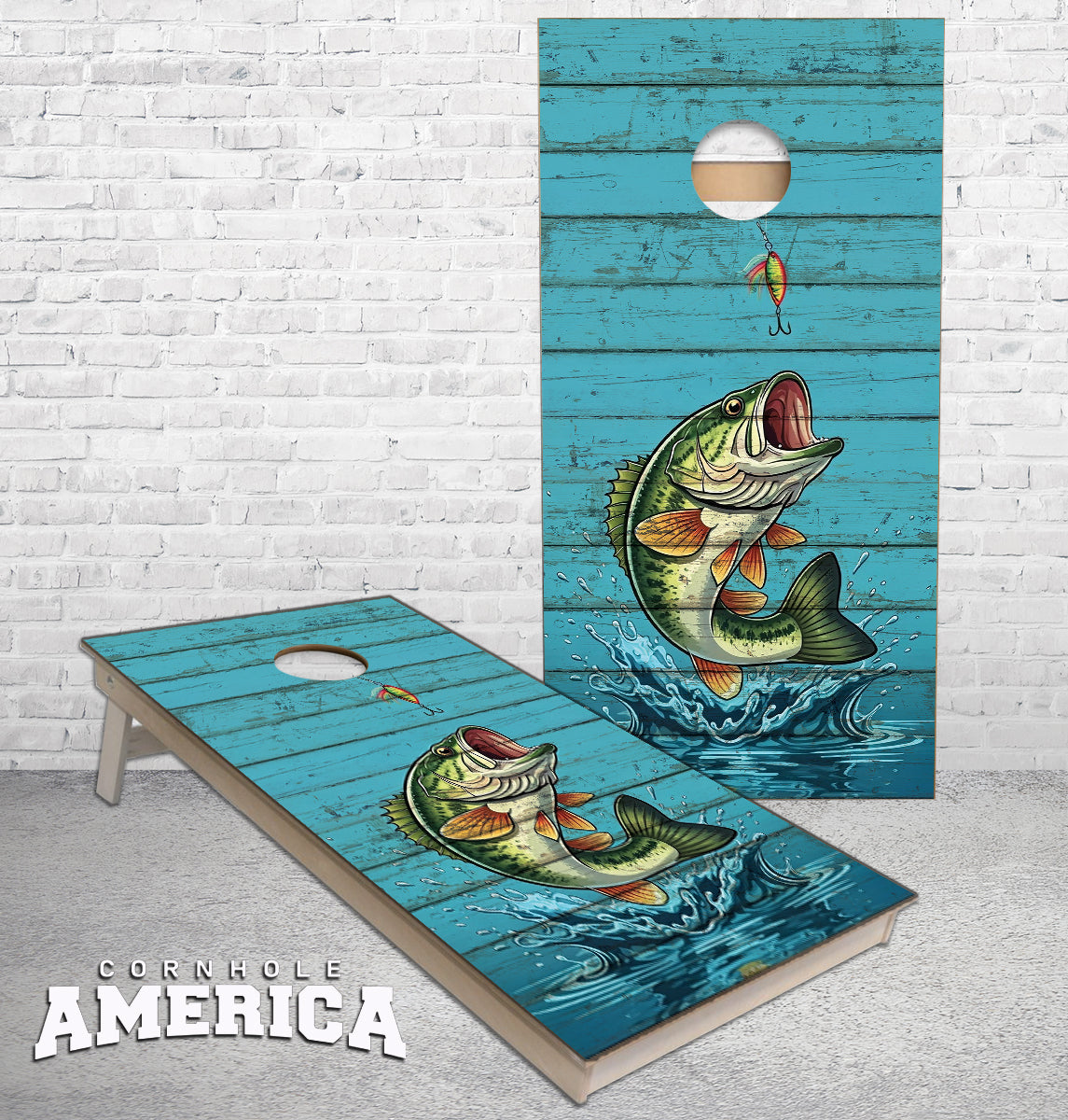 Large Mouth Bass Jumping out of the water to catch a lure cornhole boa ...