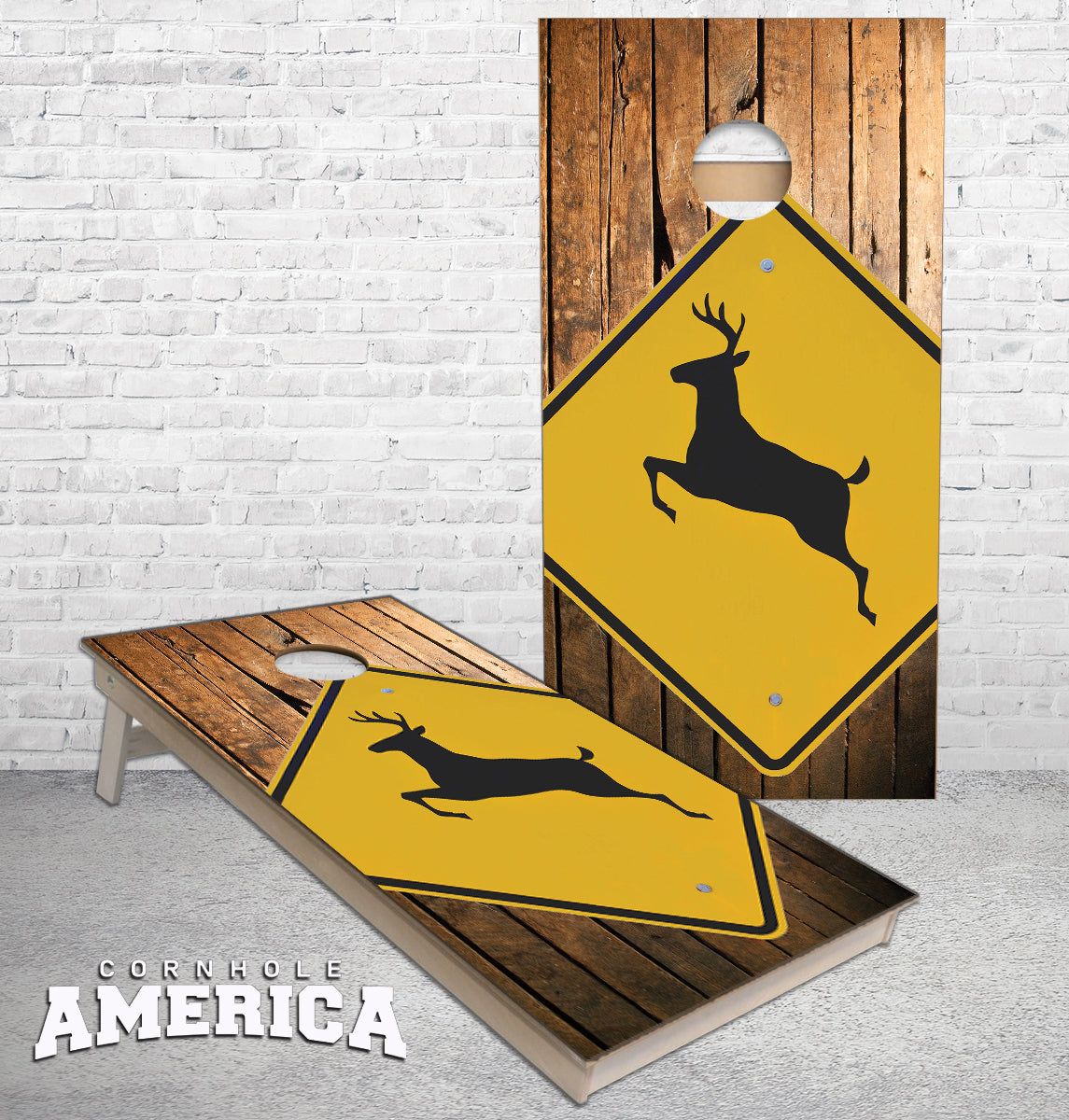 Deer Crossing Road Sign on Rustic Wood back cornhole boards — Cornhole ...
