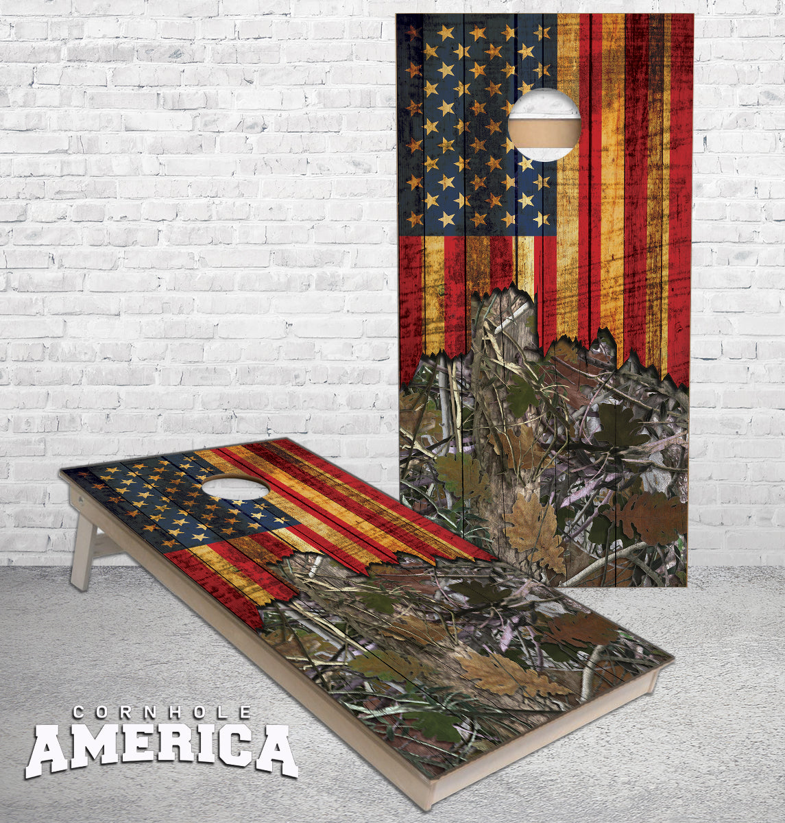 Jagged US Flag wood Leafy hunting camo cornhole boards — Cornhole America