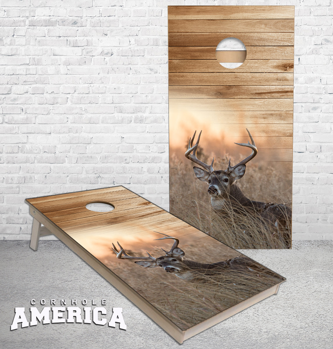 Whitetail buck in Field rustic wood cornhole boards — Cornhole America