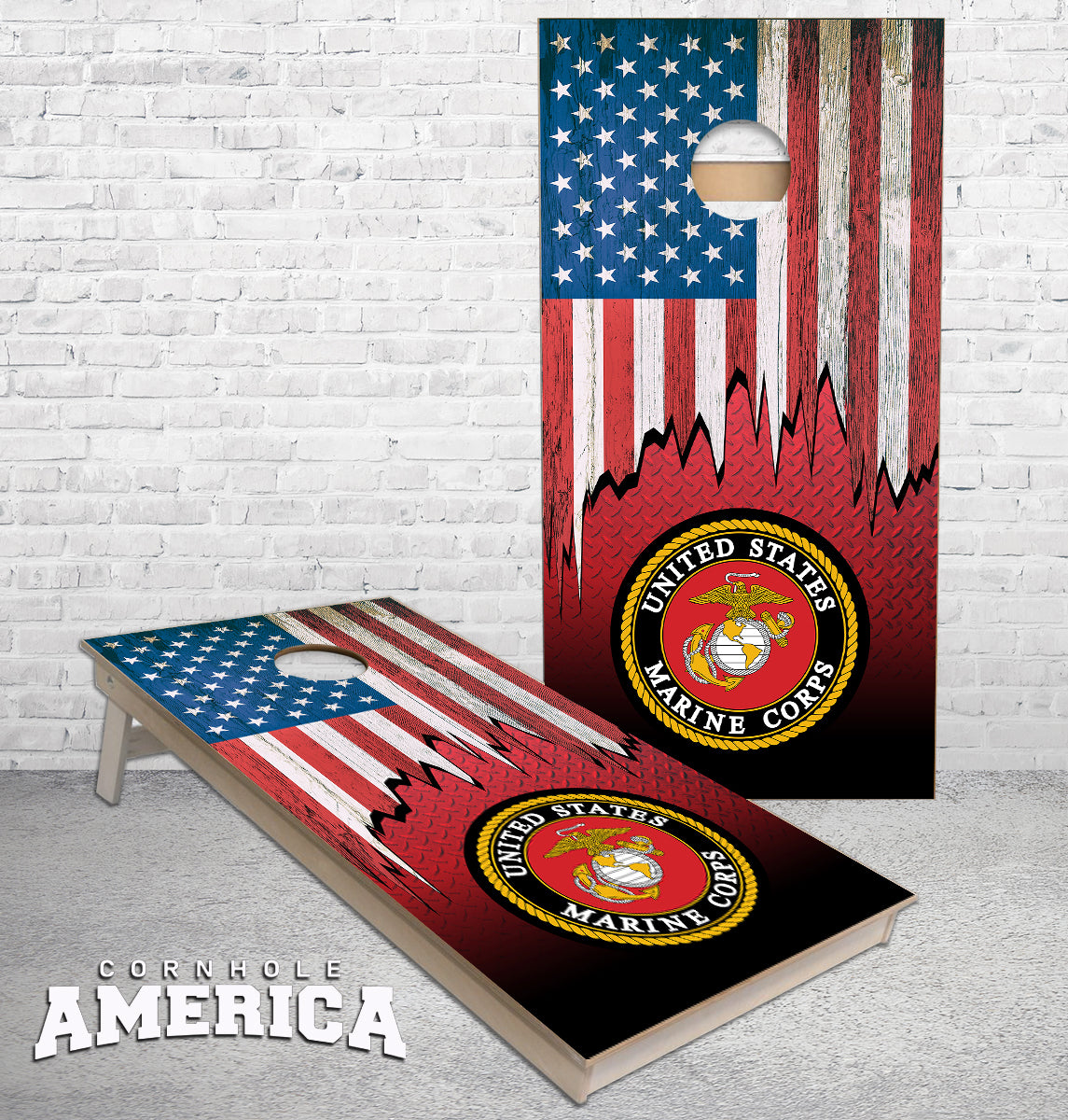 US Flag Jagged Edge Marines Logo Cornhole Boards — Cornhole America
