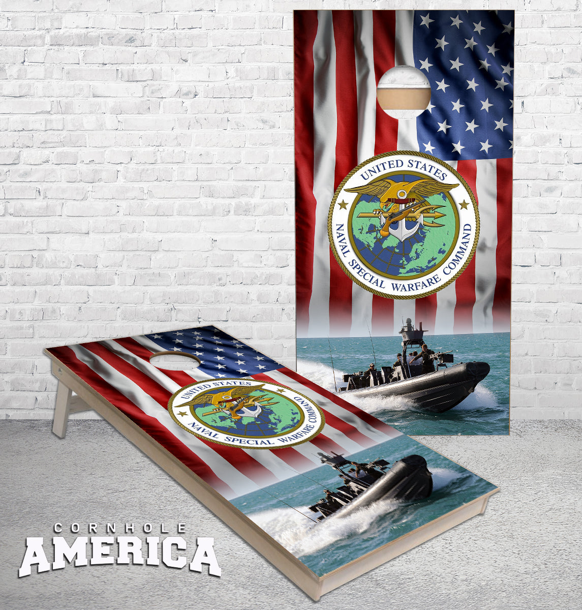 Navy NSWC US Flag cornhole boards — Cornhole America