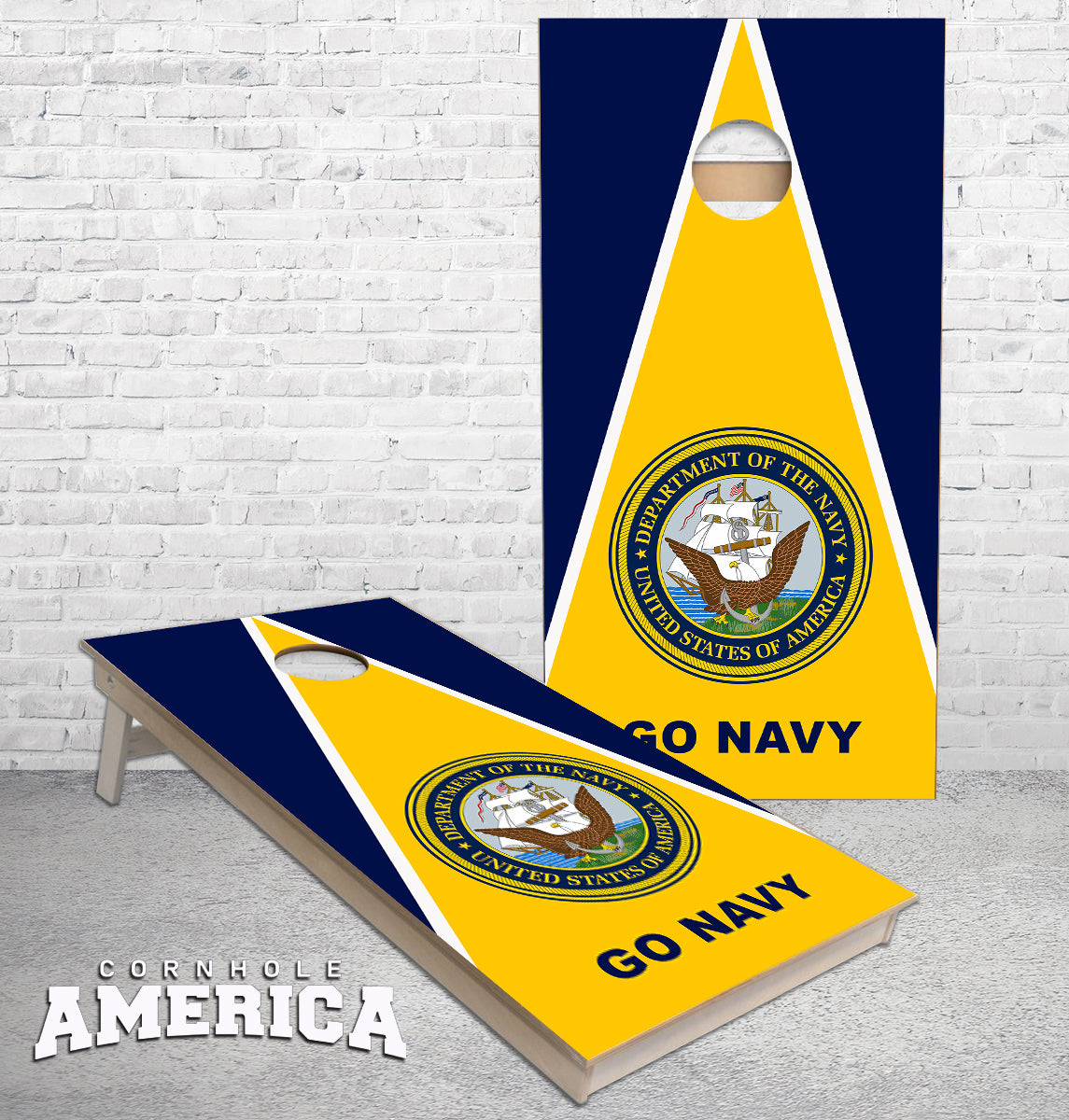US Navy Go Navy Triangle themed cornhole boards — Cornhole America