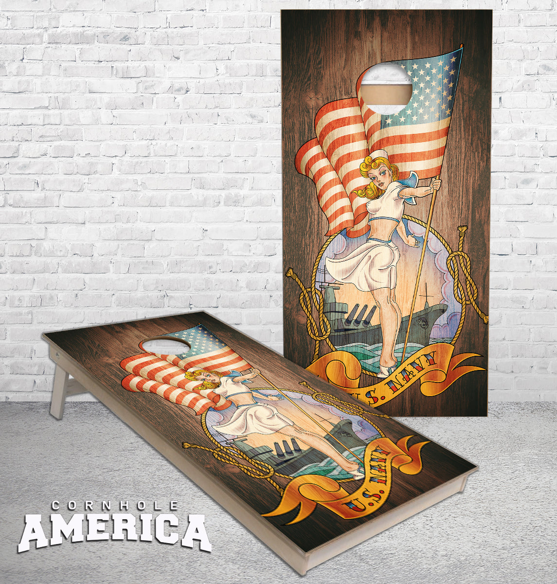 US Navy weathered wood Pin up Girl US Flag cornhole boards — Cornhole ...