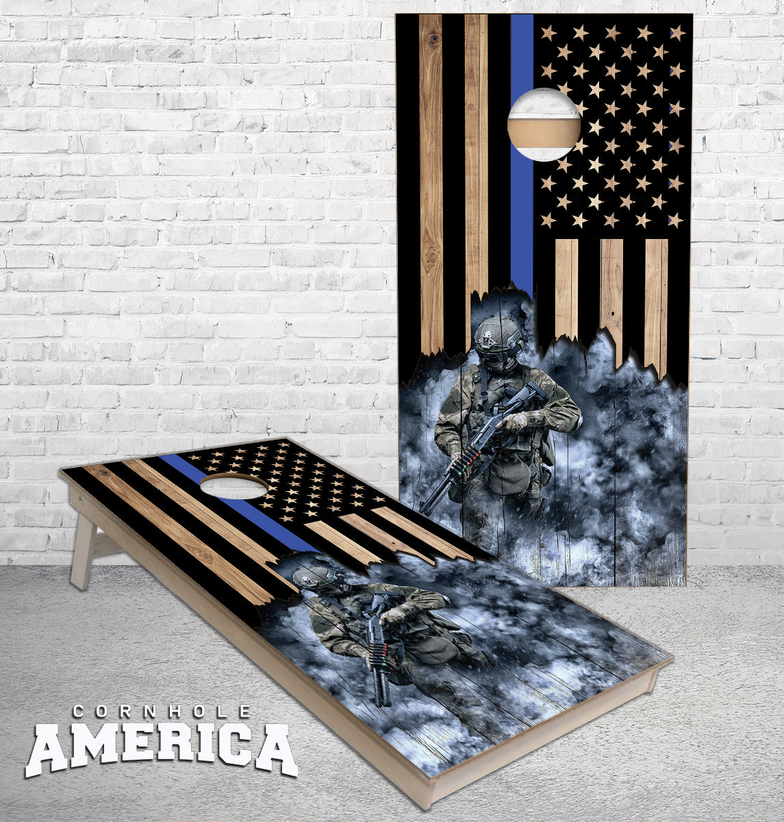 Jagged Thin Blue Line flag with armed Police officer cornhole boards ...