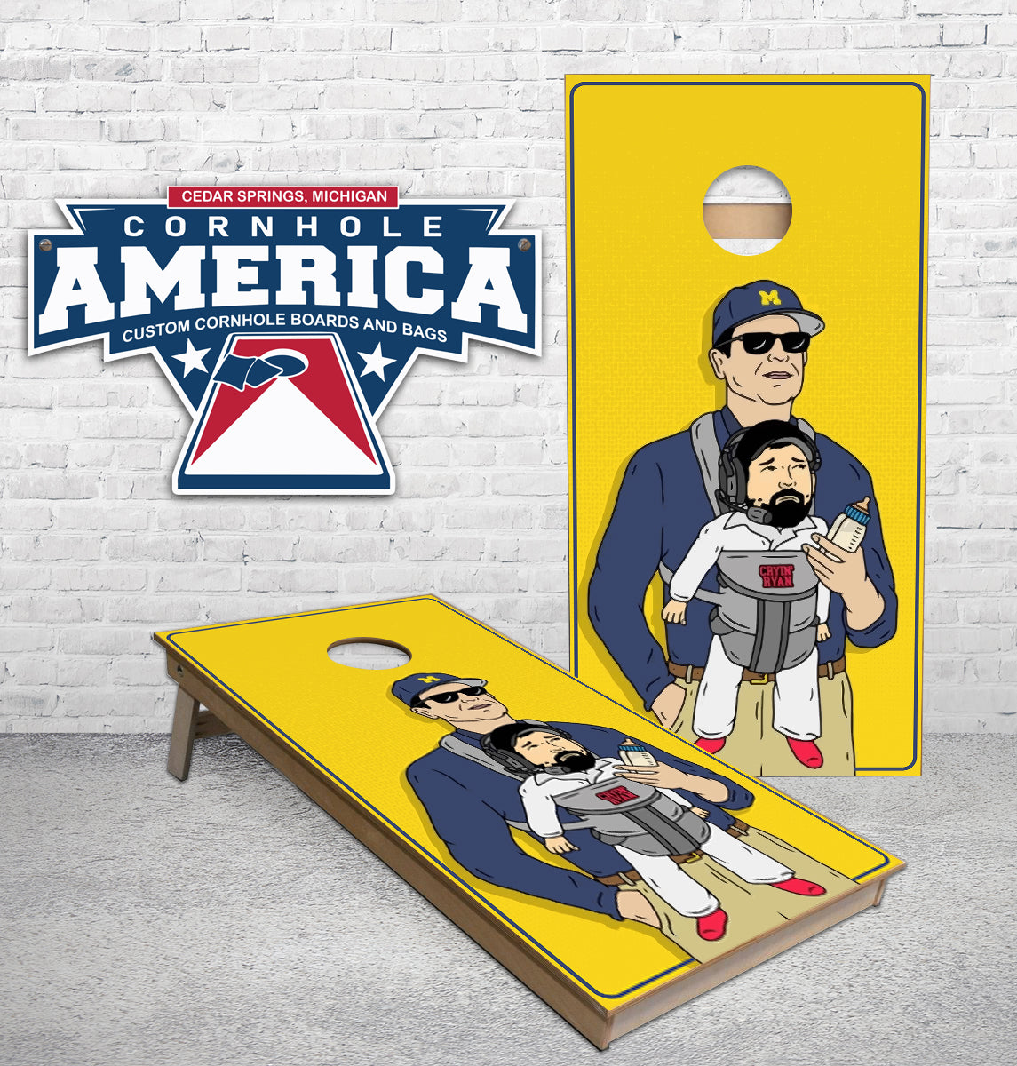 Harbaugh carrying baby Ryan day Cornhole Boards — Cornhole America