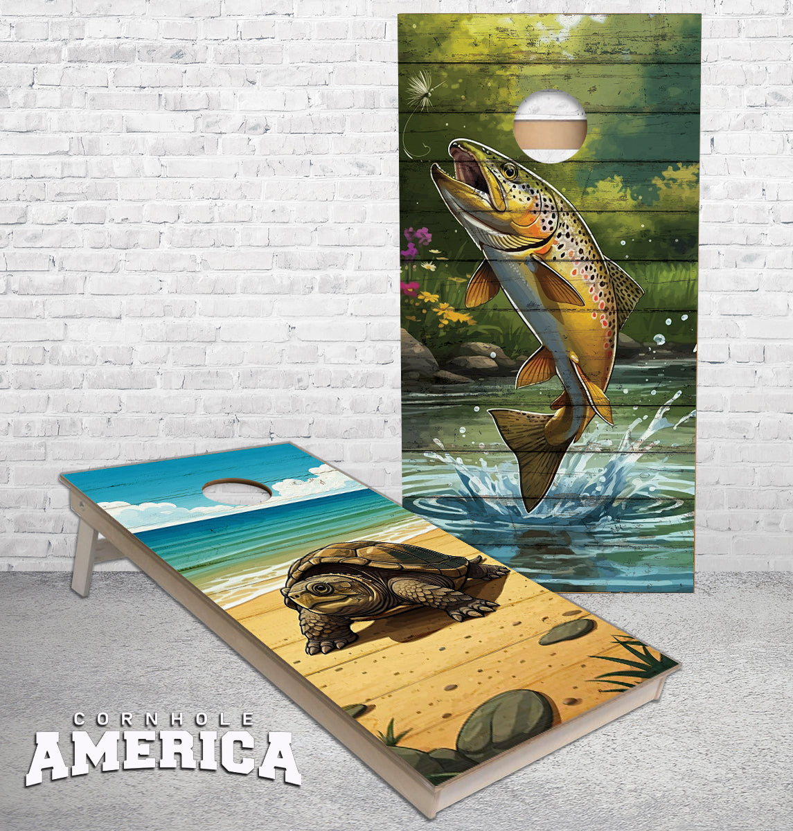 Brown Trout and Snapping Turtle cornhole boards — Cornhole America