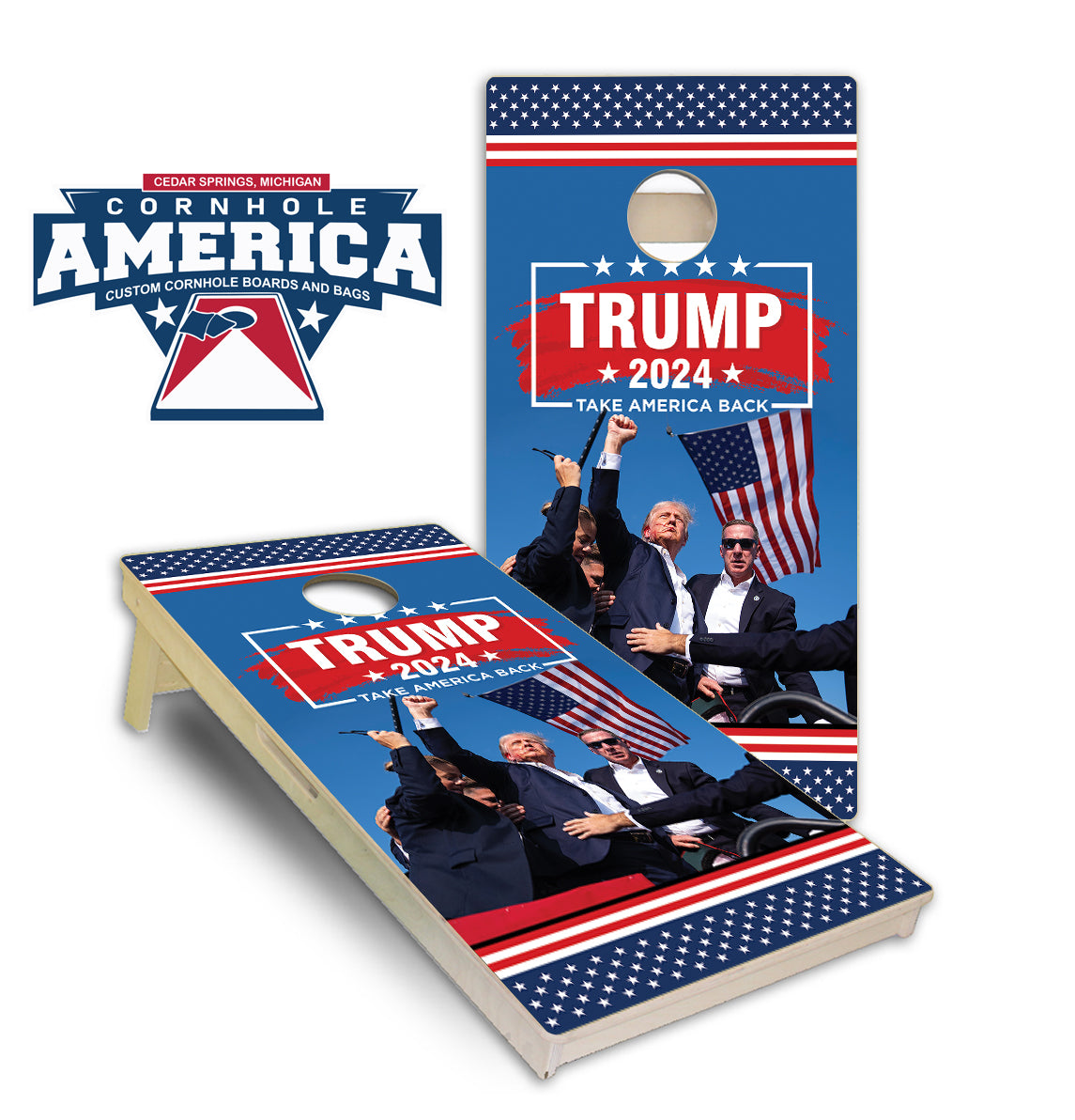Trump Shooting iconic photo cornhole boards — Cornhole America