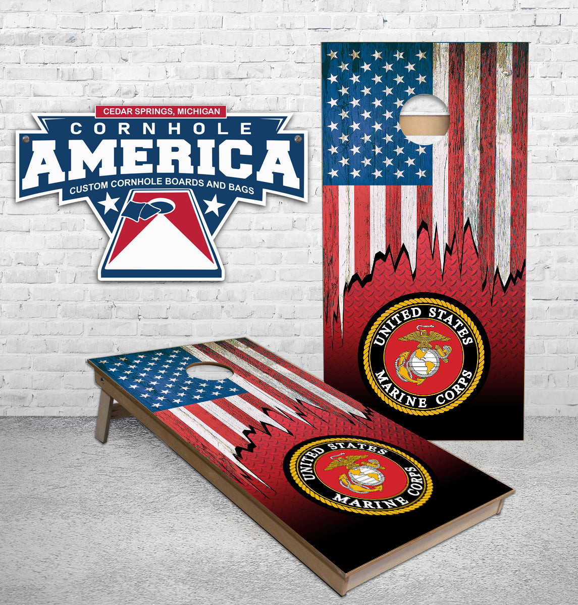 US Flag Jagged Edge Marines Logo Cornhole Boards — Cornhole America