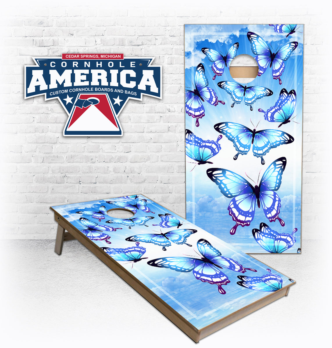 Blue Butterflies cornhole boards — Cornhole America