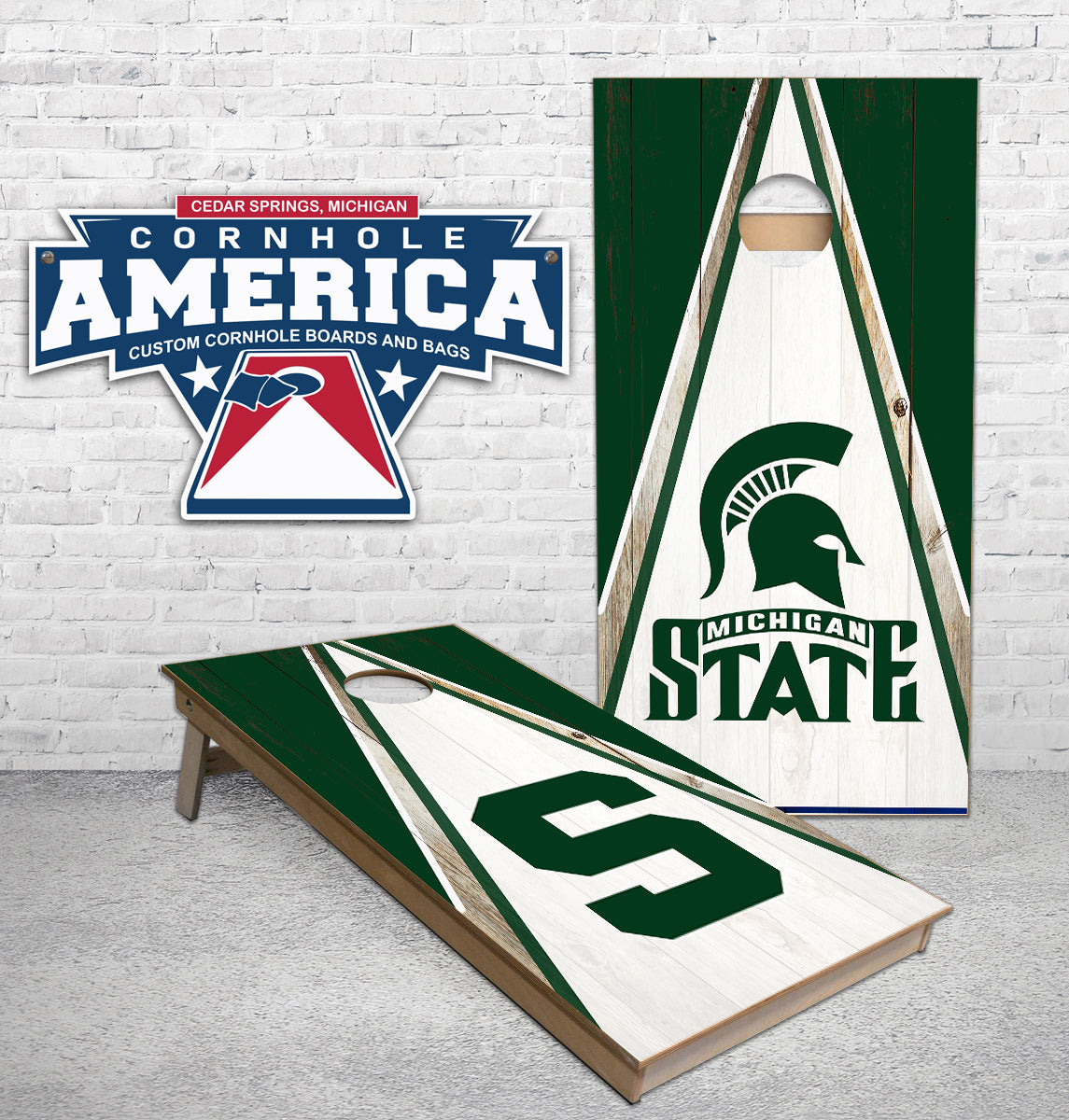 Michigan State MSU rustic triangle theme Cornhole Boards — Cornhole America